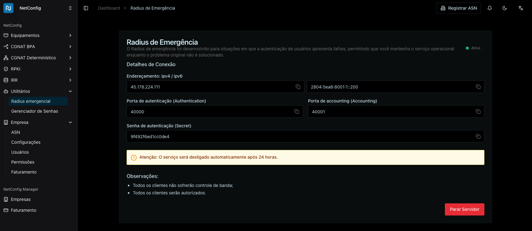 Radius Emergencial | NetConfig - Wiki